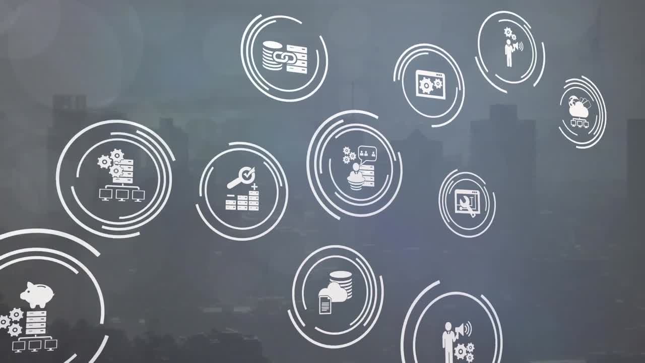 Animation of spots of light and digital icons against aerial view of ...