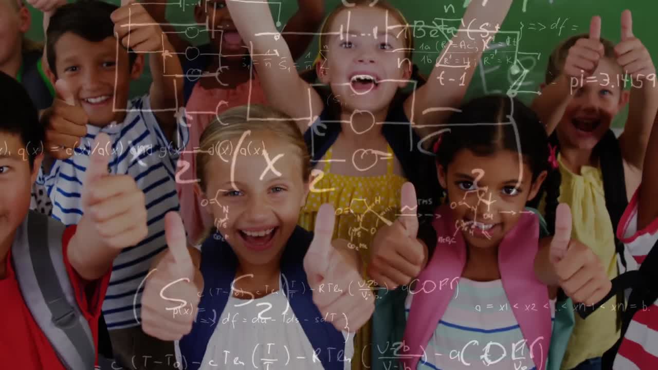 Happy children in the classroom surrounded by animation of mathematics ...