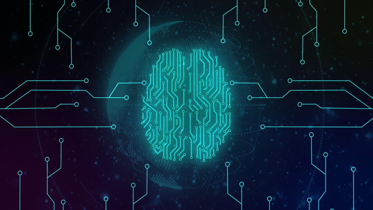 Premium stock video - Animation of biometric brain, digital data processing over circuit board