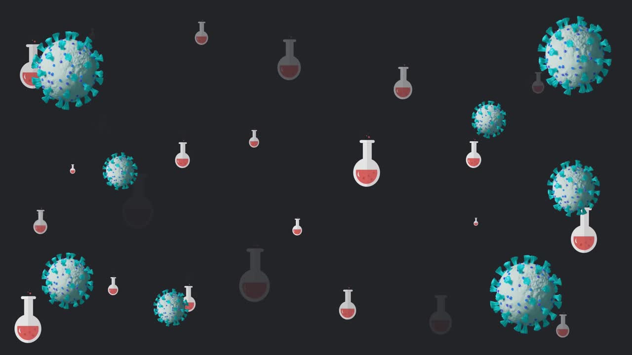 Animation of falling cells and measuring cup over black background ...