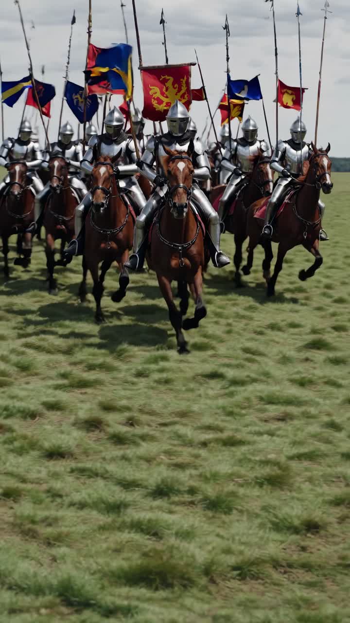 Epic medieval cavalry charge captured in a dynamic low-angle shot ...