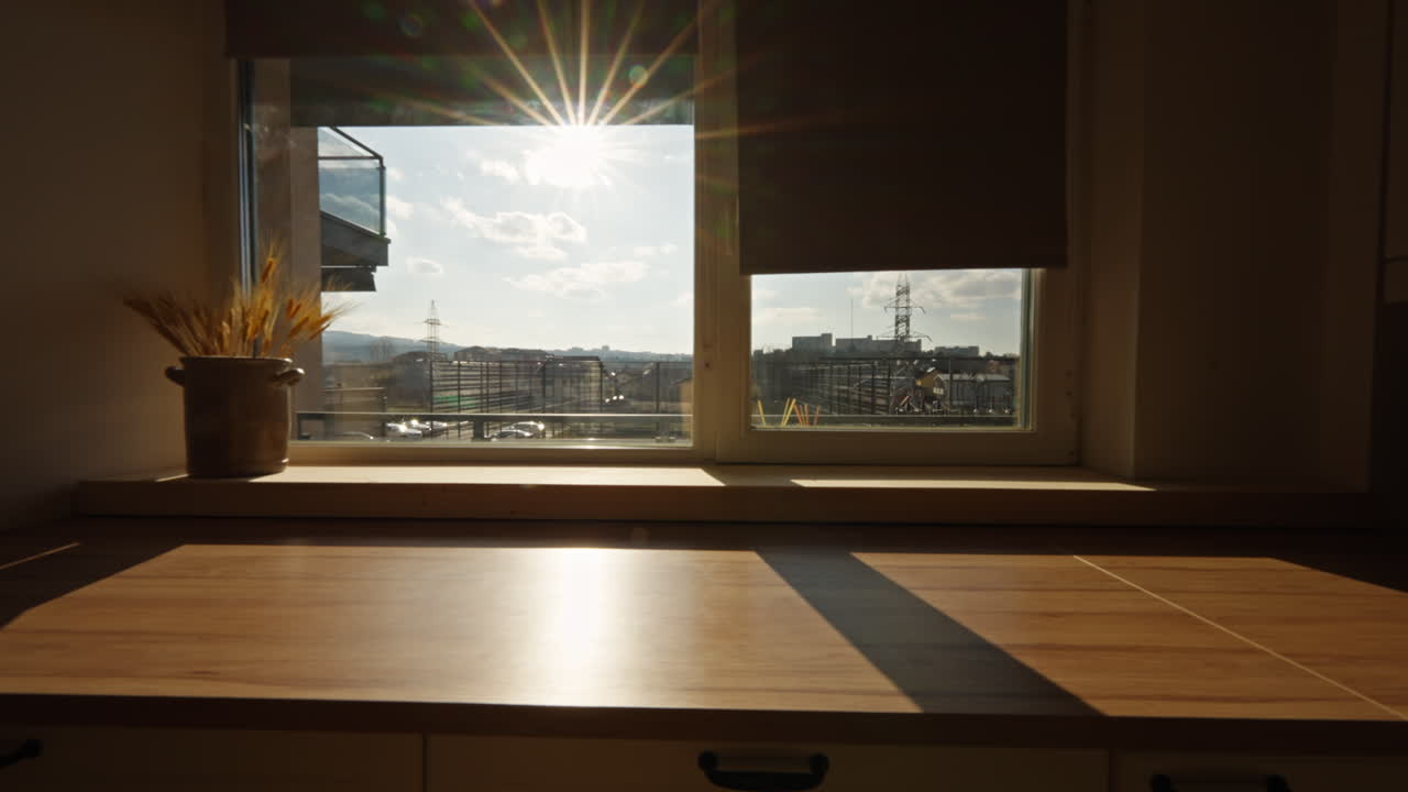 Premium stock video - Slow dooly left shot looking out of a small ...