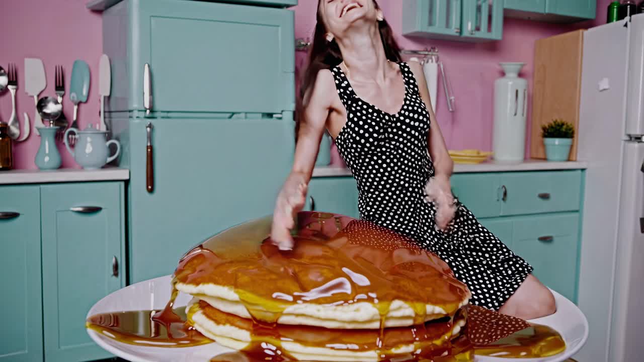 Woman Enjoying a Huge Stack of Pancakes | Premium Stock Video Footage