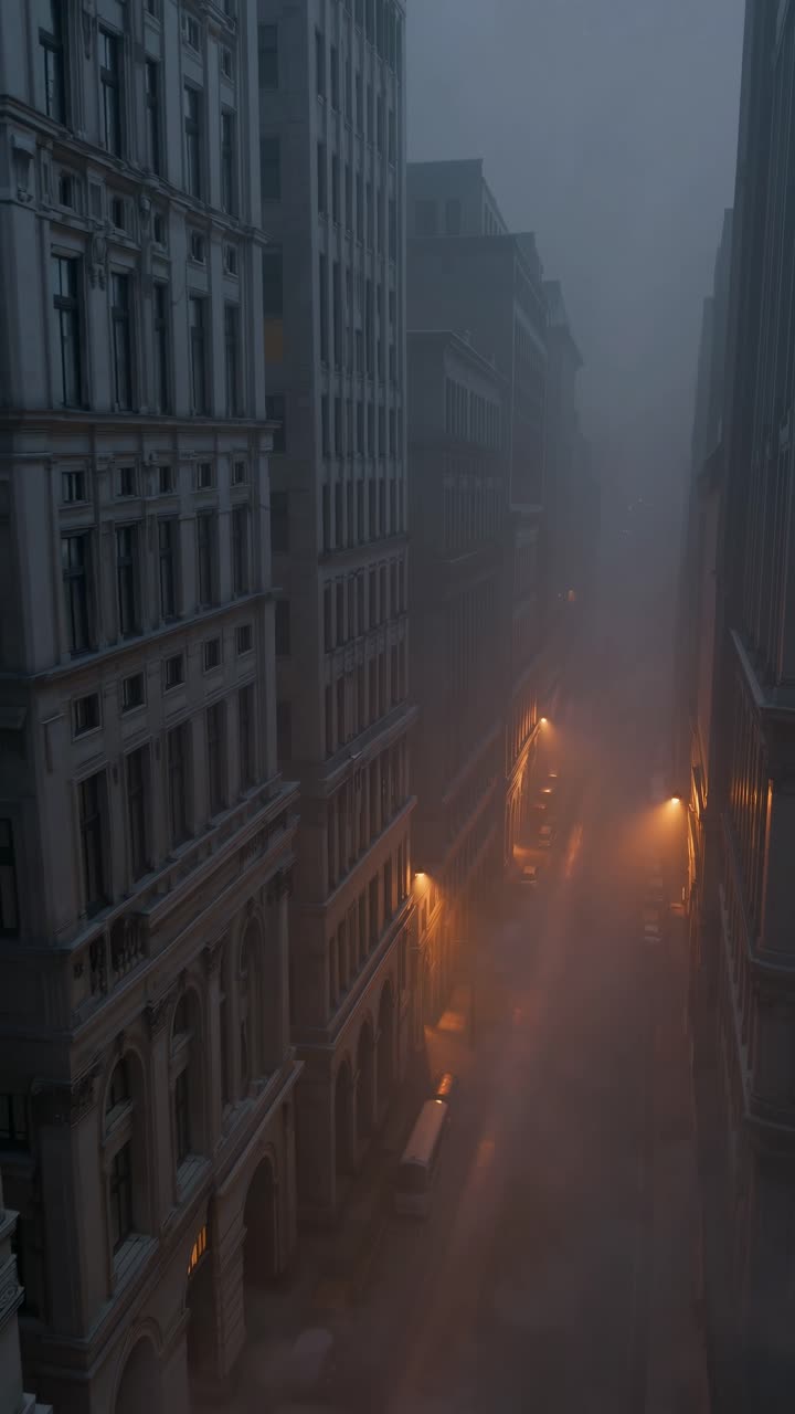 Dense fog rolling down city streets at dusk, shrouding buildings and ...