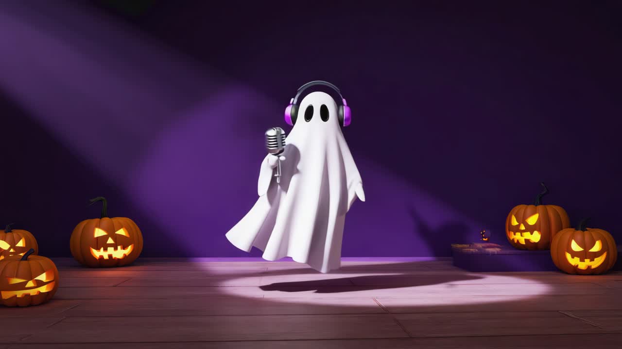 A ghost wearing headphones and holding a microphone performs on a stage ...