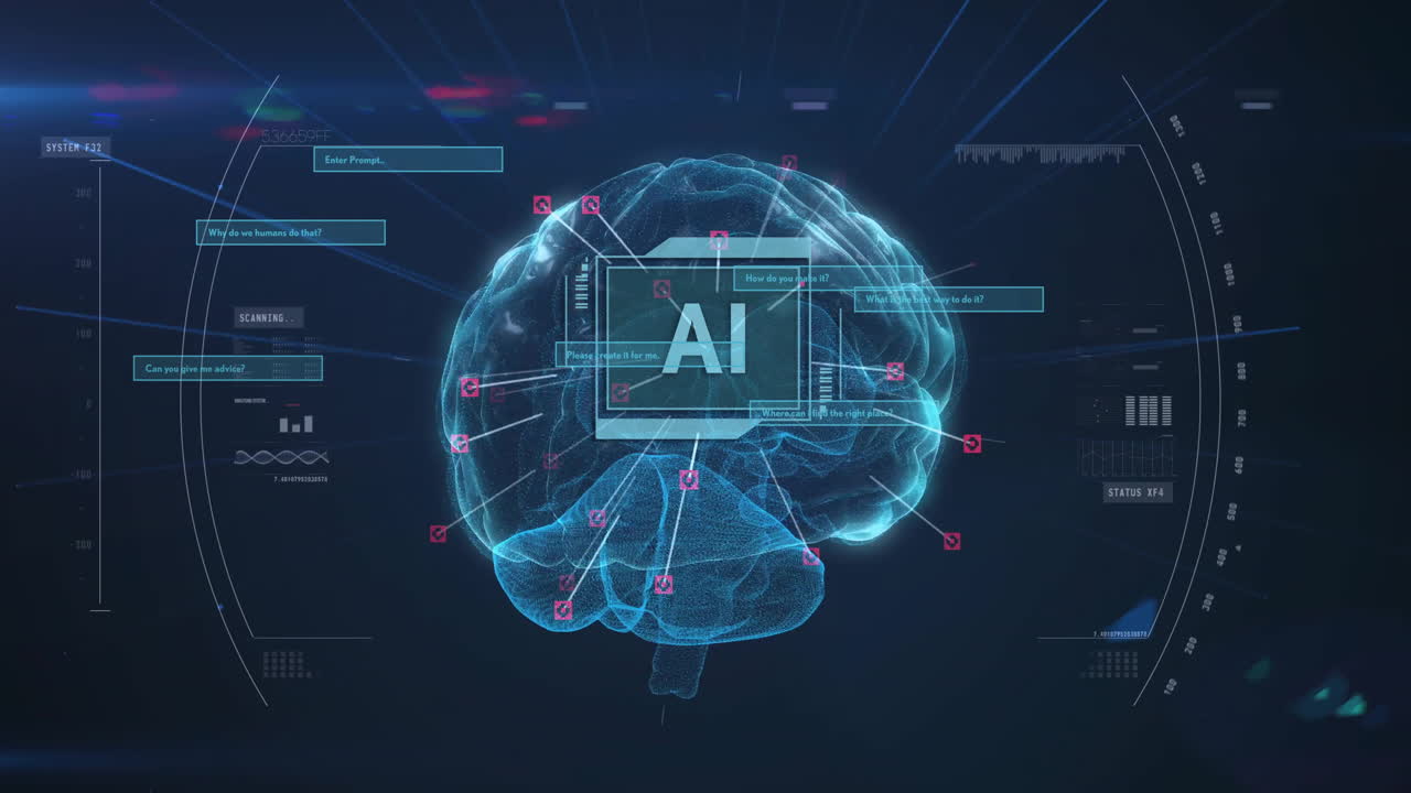 Animation of ai text over digital brain spinning and data processing ...