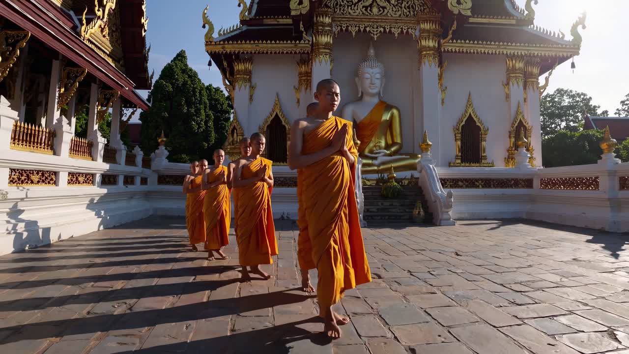 Wide-angle video capturing monks in orange robes walking towards the ...