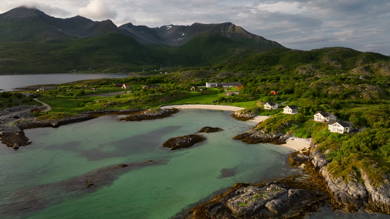 Scenic ecotourism camping site of Skrollsvika on Senja island coastline ...