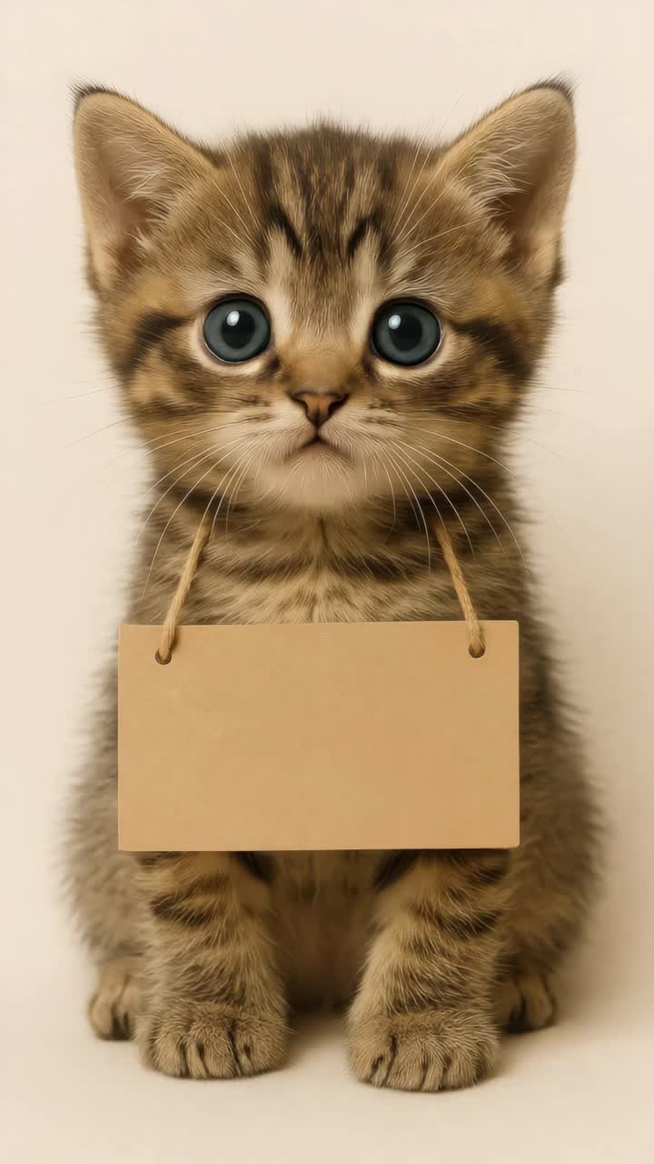 Adorable kitten with a blank sign around its neck, captured at eye ...