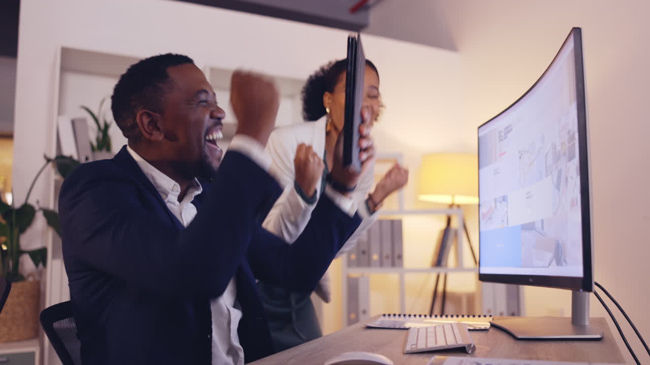 Computer, high five celebration Premium Stock Video Footage