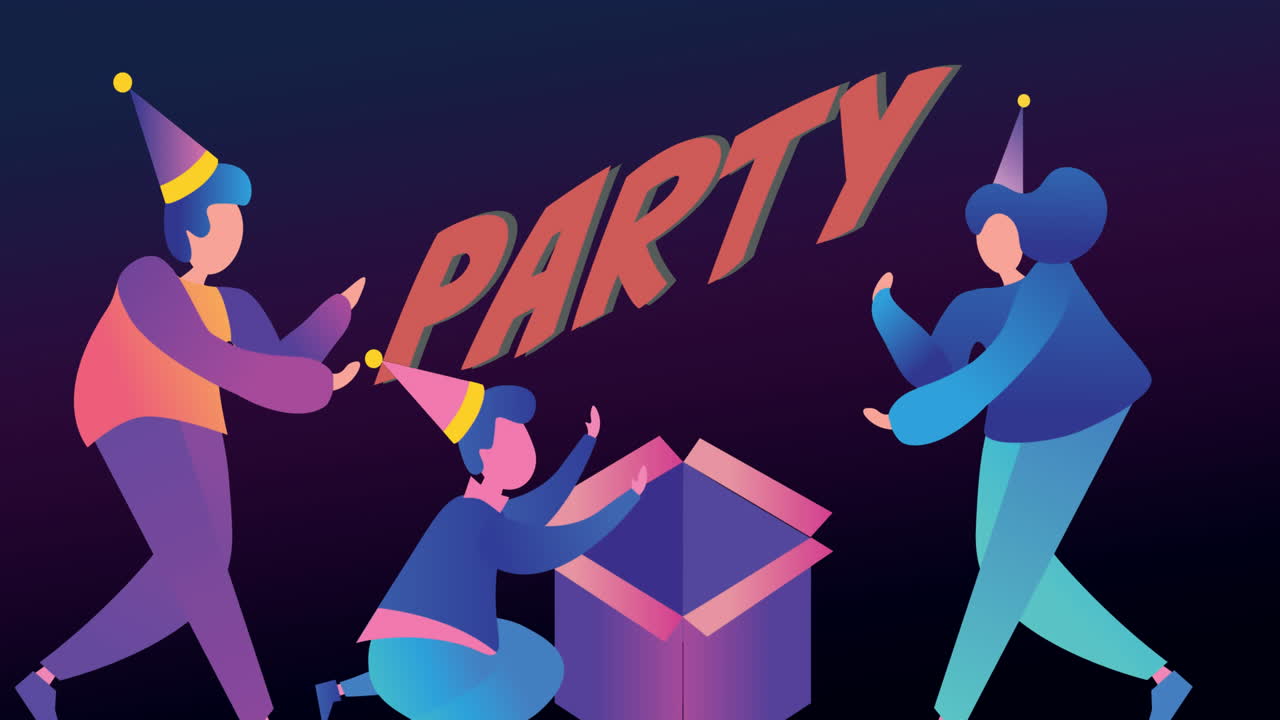 animation of family with party hats opening present over party text ...