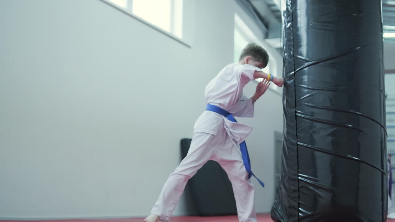 Young martial artists in white gi and yellow belts practicing kudo ...
