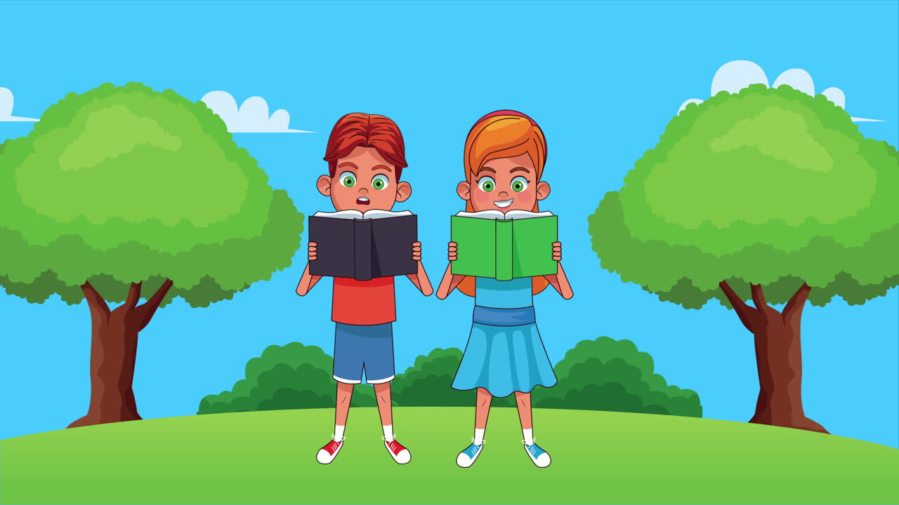 Little student kids reading books in the camp animated characters ...