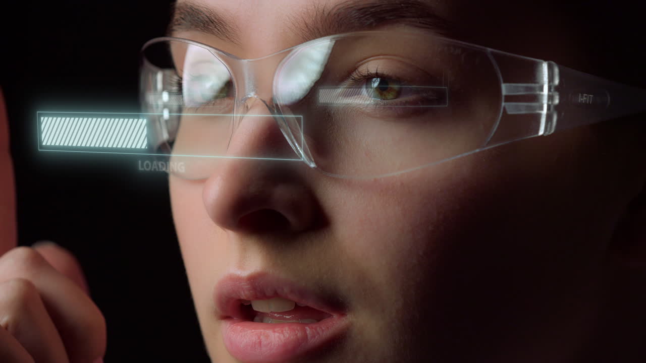Futuristic glasses diagram hologram vision woman analysing connection ...
