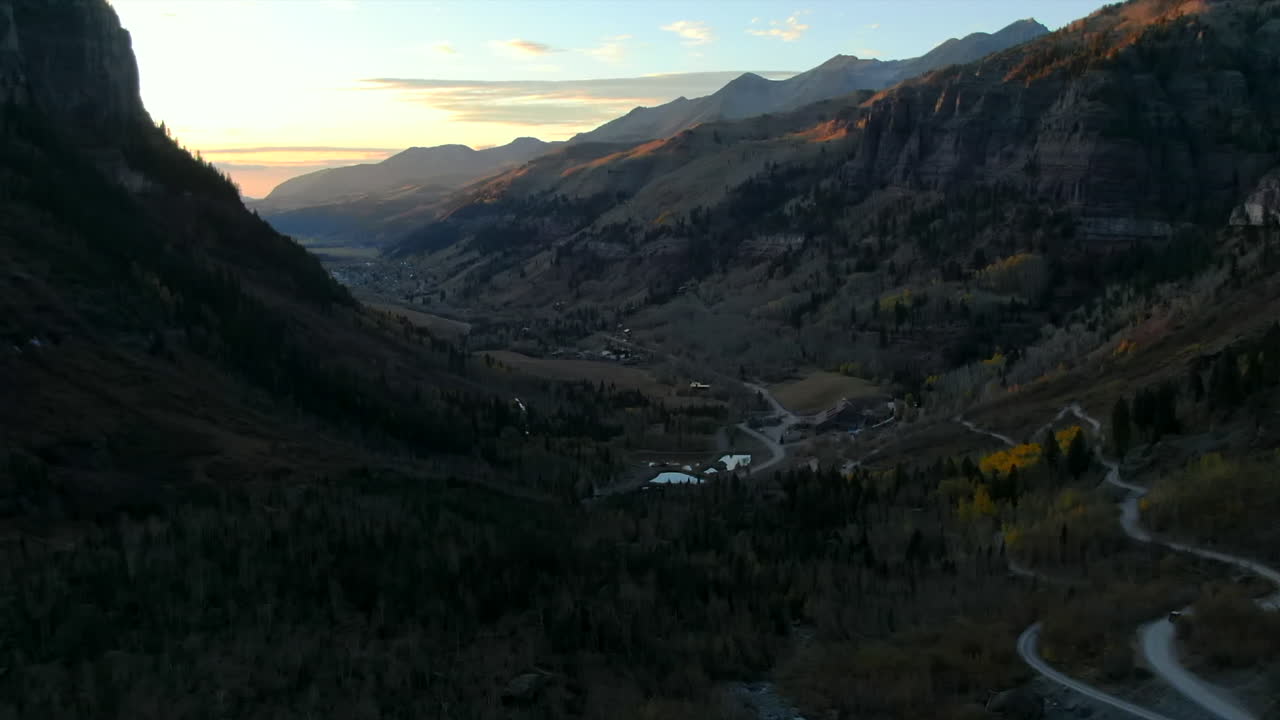 Telluride colorado aerial drone towards rocky mountain historic town ...