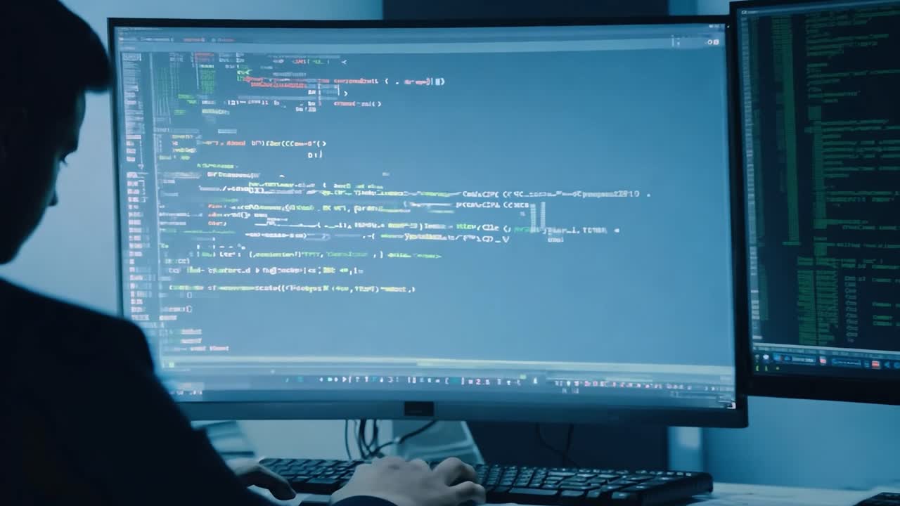 Premium stock video - Programmer working on code in a dimly lit room