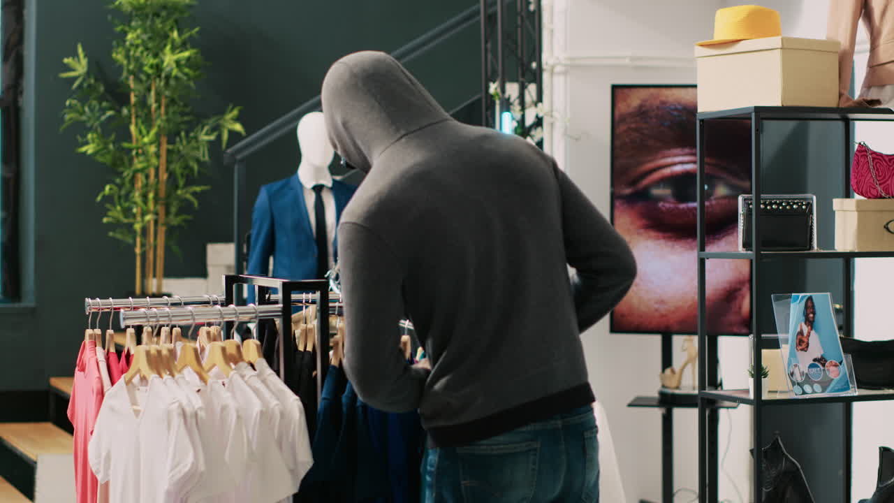 Premium stock video - Robber trying to steal stylish clothes