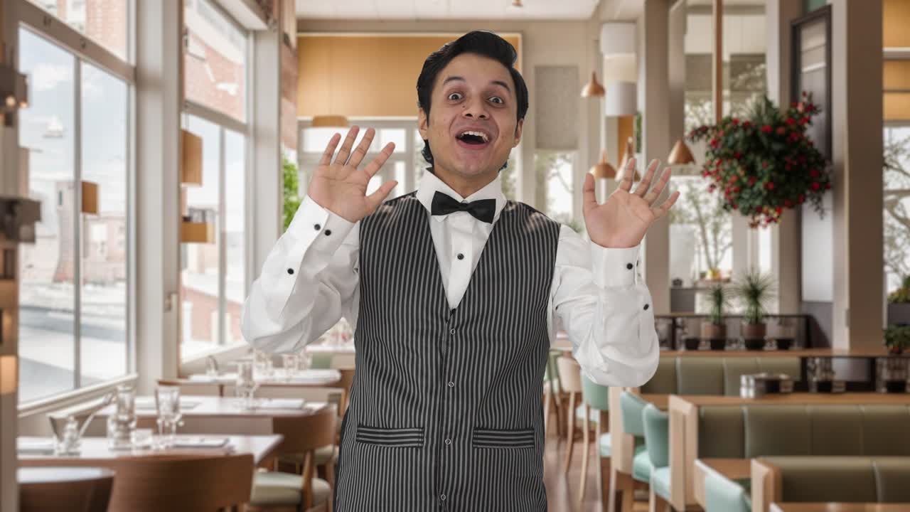 Premium stock video - Happy indian waiter saying hello