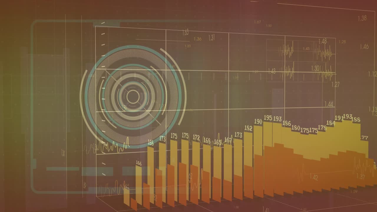 Premium stock video - Animation of multiple graphs with changing numbers over soundwaves and ...