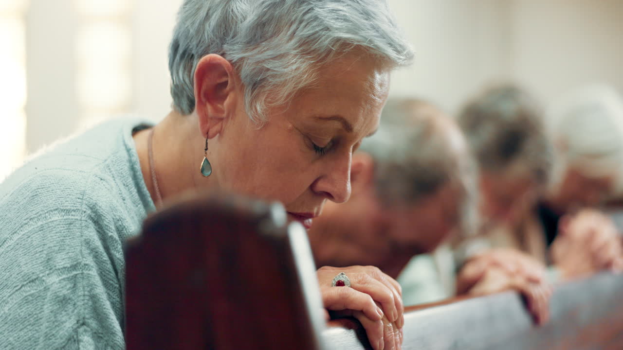 Premium stock video - Elderly, prayer or old woman in church for god
