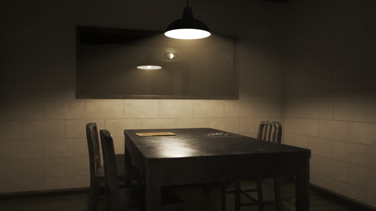 Premium stock video - Interview room with metal table, chairs and the ...