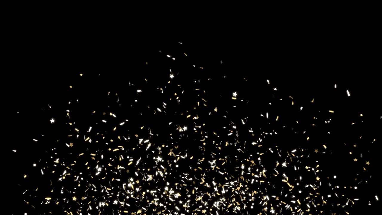 Gold festive confetti explosions fall on a black and green background ...