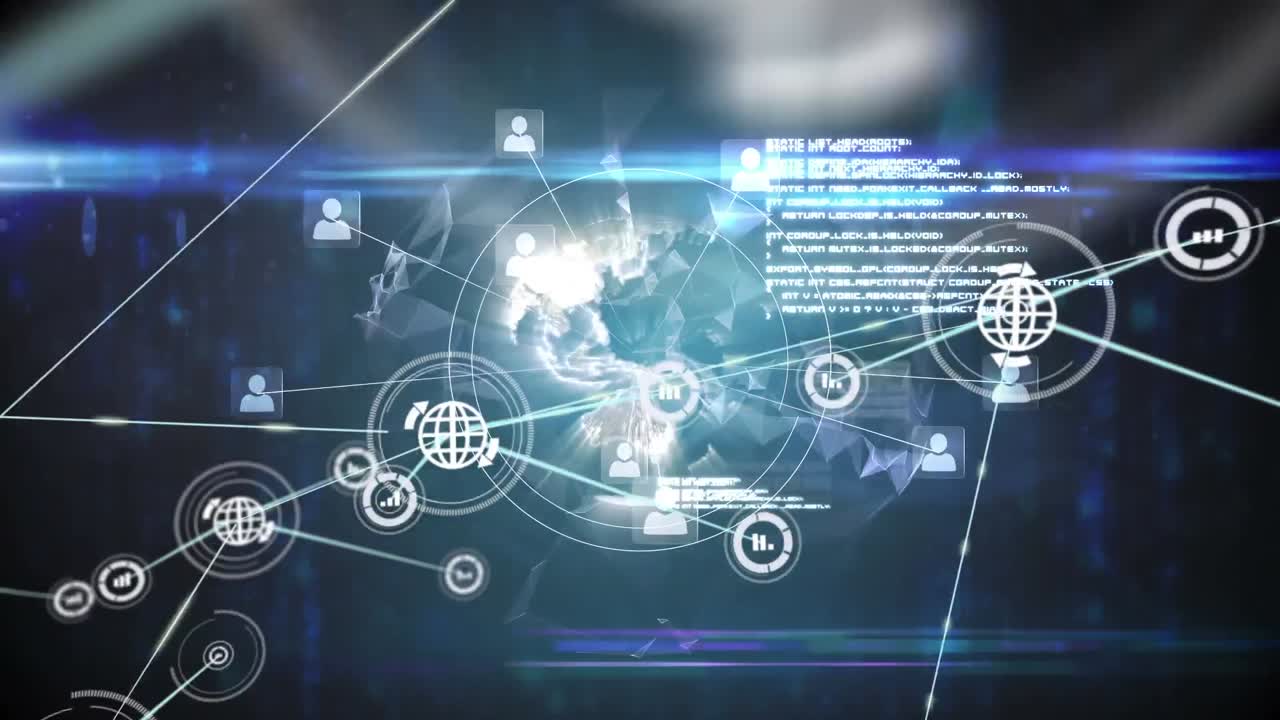 Animation of networks of connections with icons over black background ...