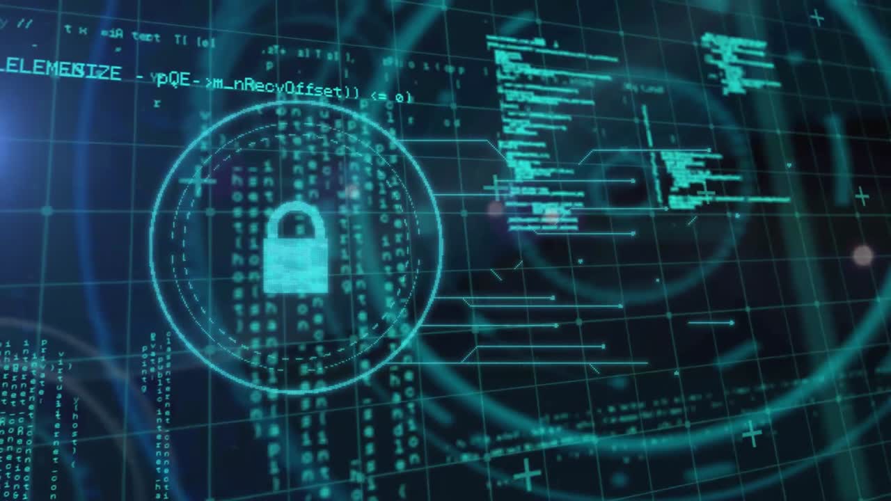 Premium Stock Video Animation Of Online Security Padlock Scope Scanning And Data Processing