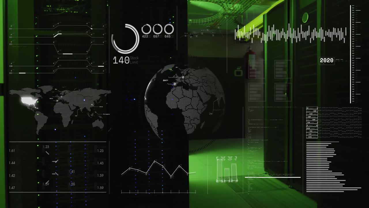 Animation Of Hud Screens With Programming Language, Globe, Map, Graphs ...