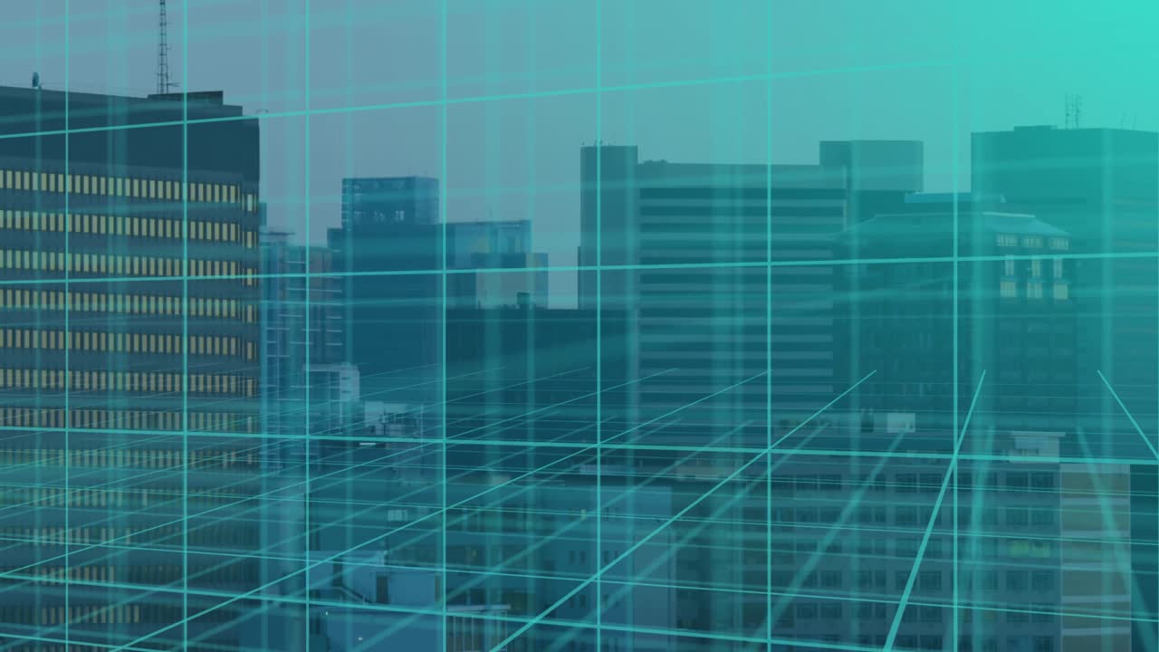 Premium stock video - Animation of 3d grid moving over buildings in ...