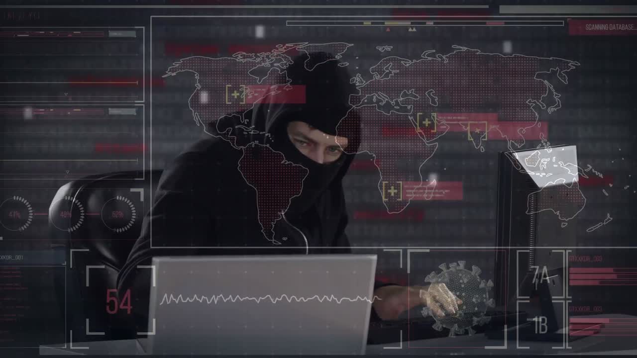 Animation Of A Hacker Hooded Man On Two Comuters And A World Map Marks ...