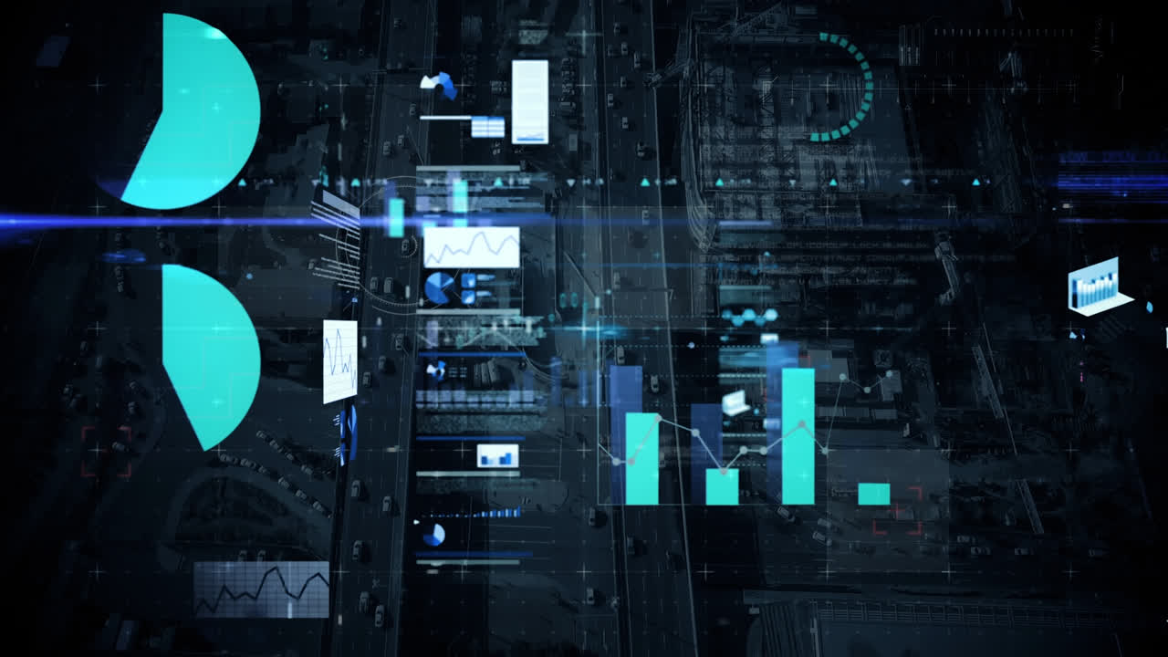 Animation of data processing and analysing on screen over cityscape ...