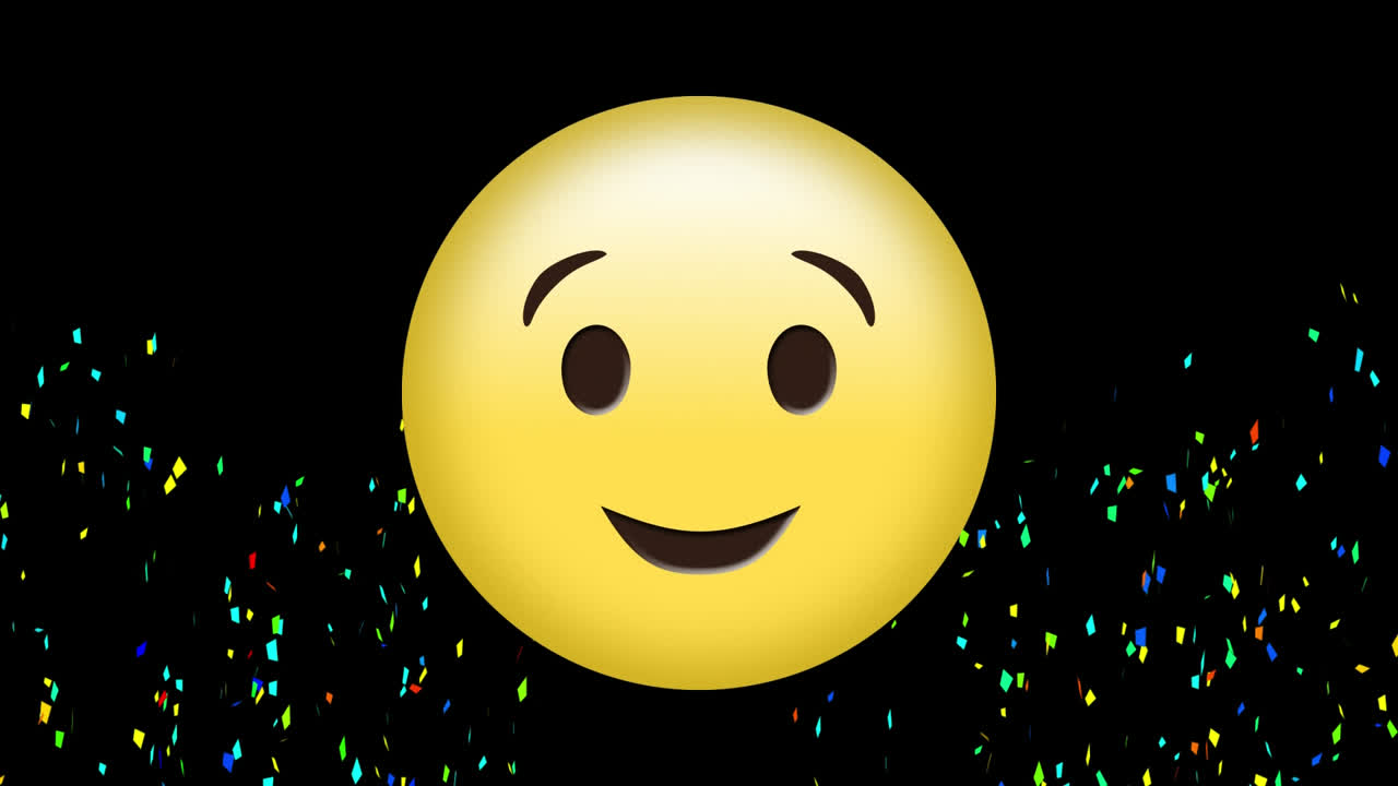 Animation of multi coloured confetti falling over smiling emoji on black Premium Stock Video Footage