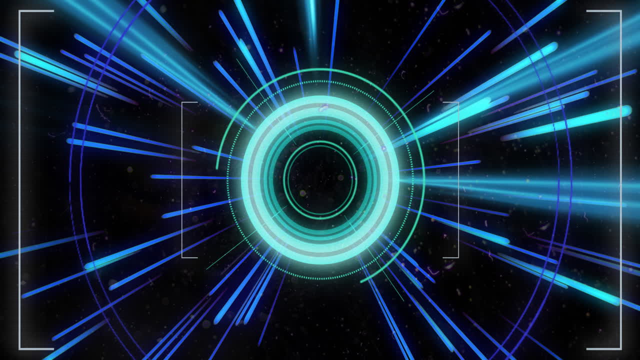 Animation of flashing blue and pink light beams over blue circular ...