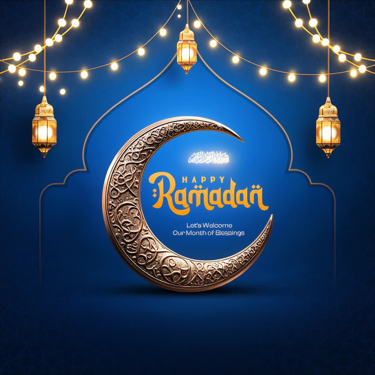 Happy Ramadan greeting animation with ornate crescent moon, hanging ...