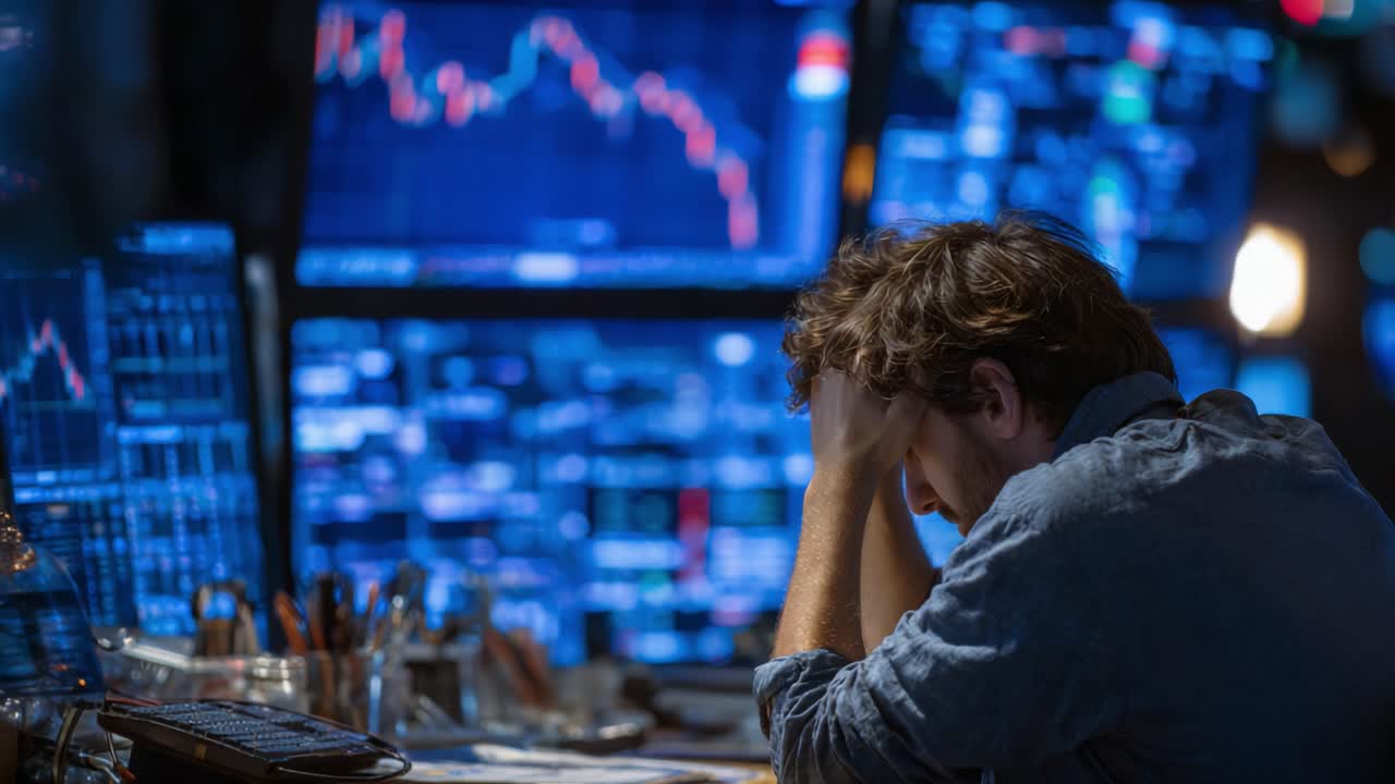 A Focused Trader Analyzing Graphs and Data on Multiple Screens in a ...