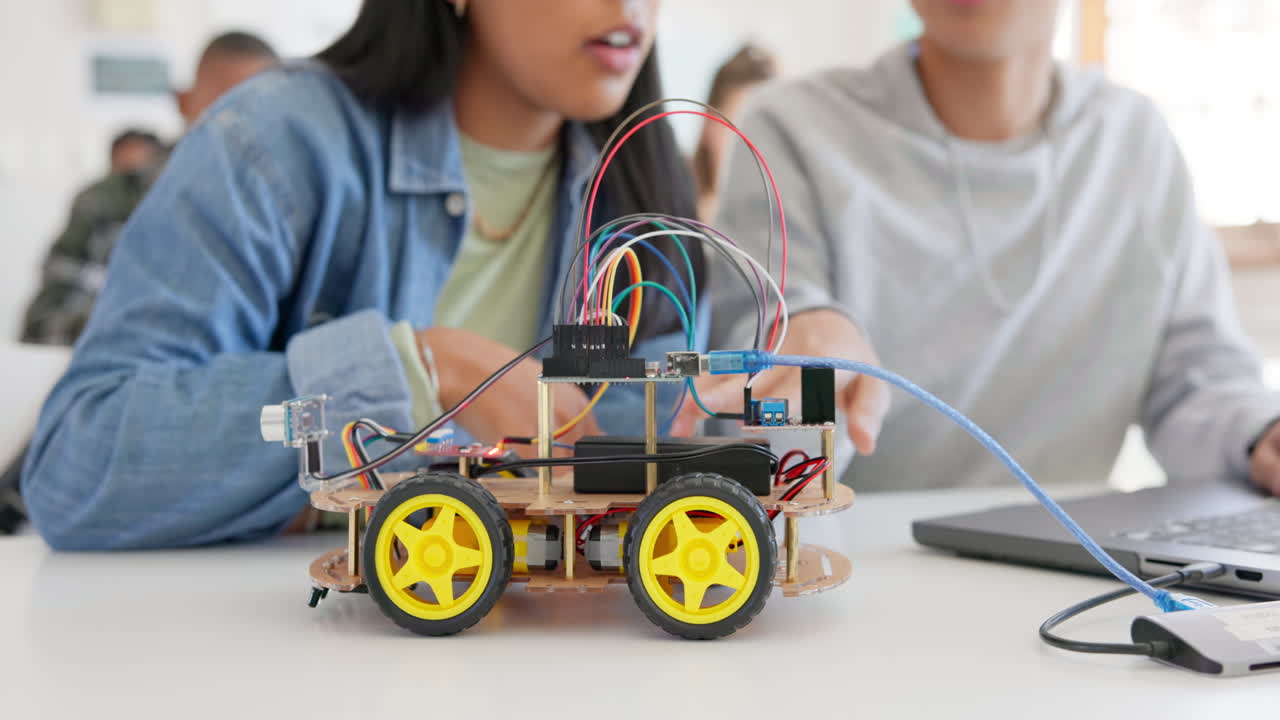 Premium stock video - Education, robotics and hands of children