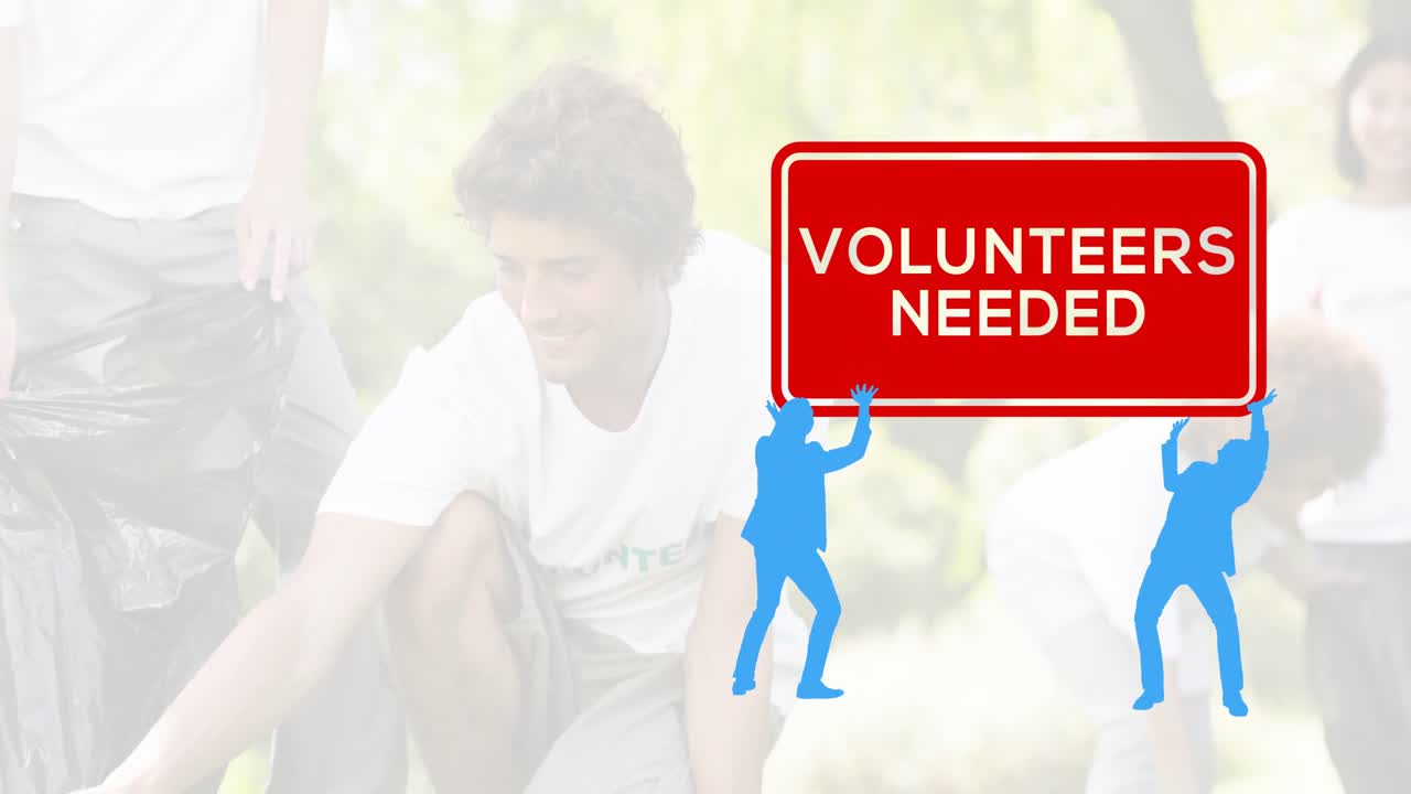 Animation of diverse group of volunteers over volunteers needed text ...