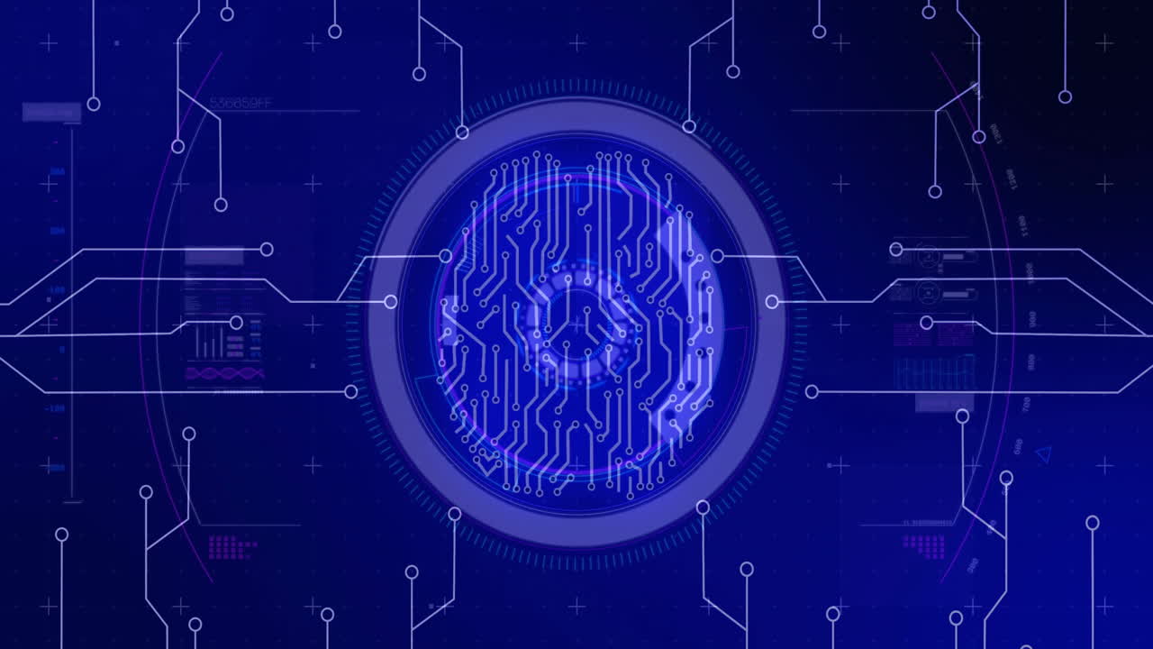Animation of biometric brain, digital data processing over circuit board Premium Stock Video Footage