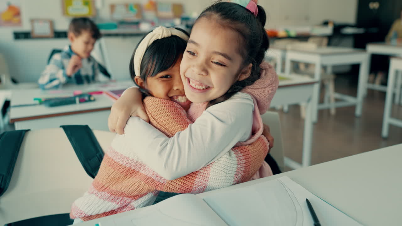 Premium stock video - Students, hug and classroom at school together