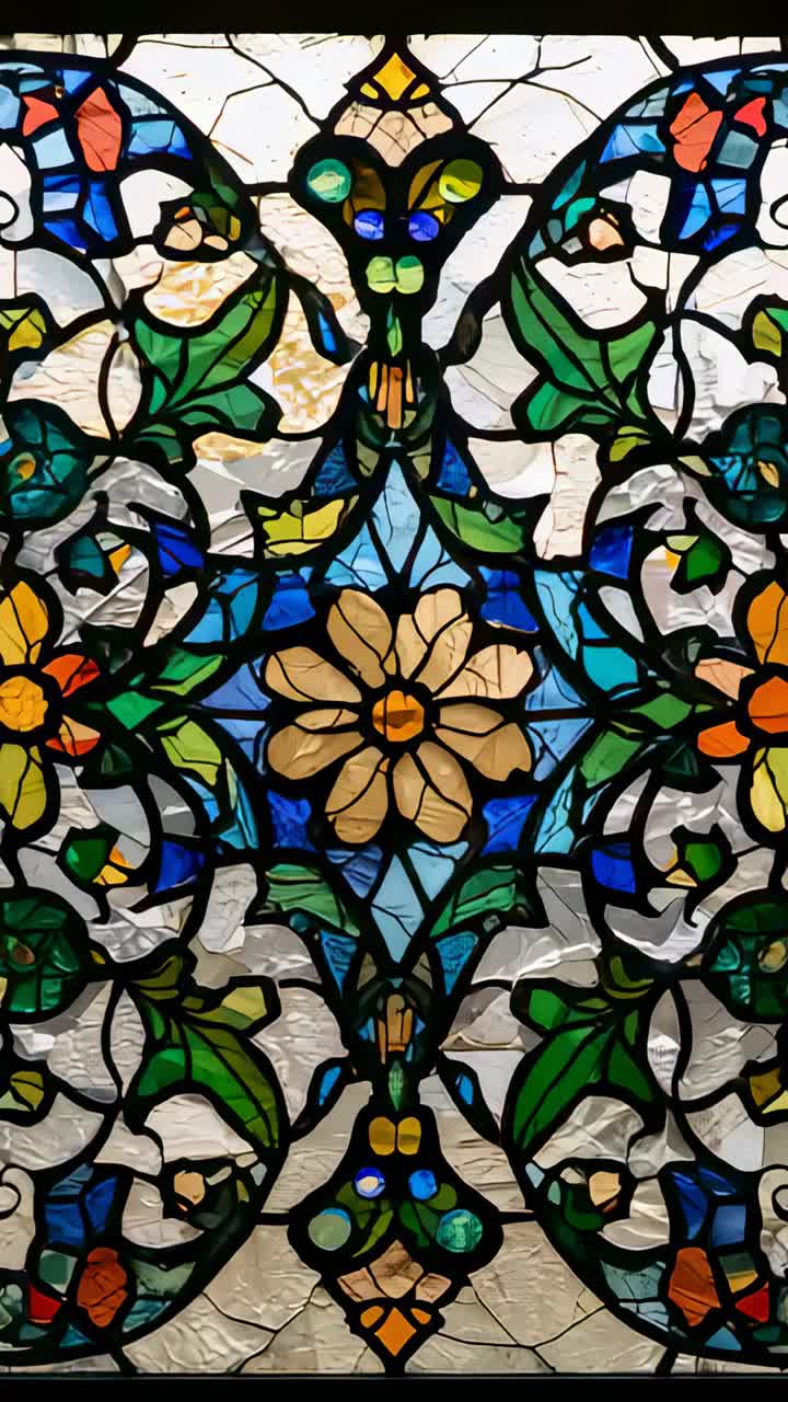 Vertical video: Camera filming stained glass panel in chapel, wobbling ...