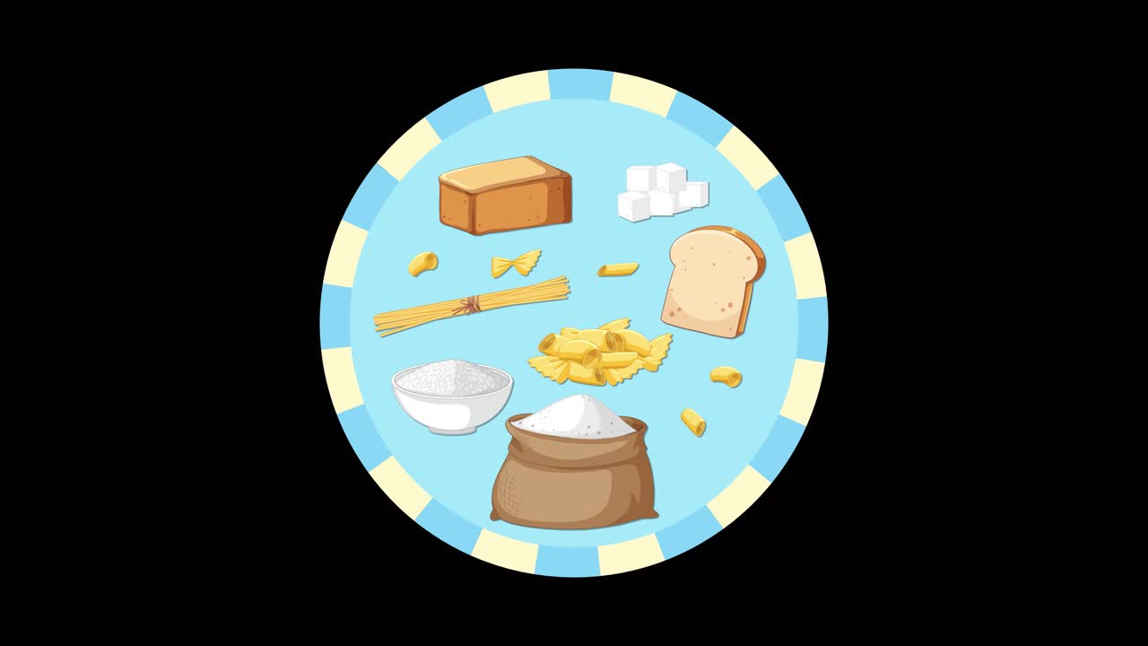 Various carbohydrate foods animate into view, floating on a blue circle ...