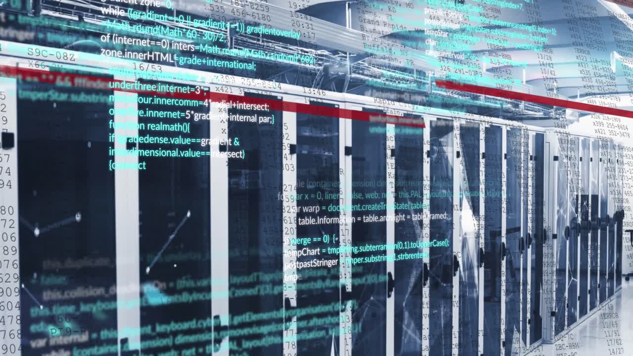 Premium stock video - Animation of data processing and plexus networks against computer server room
