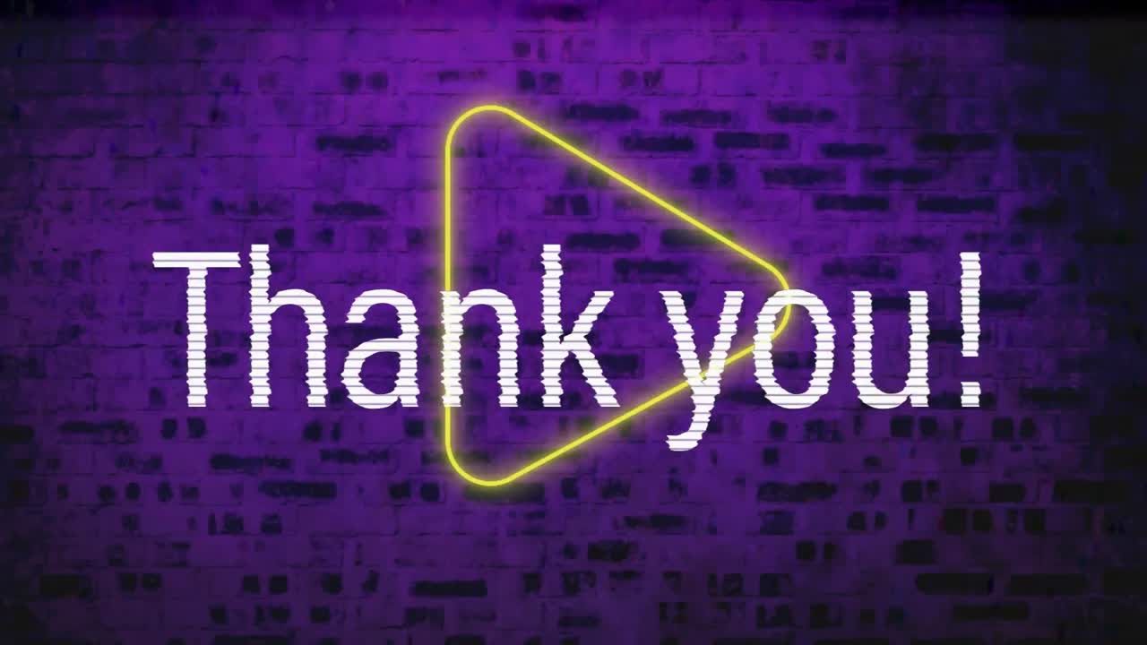 Premium stock video - Animation of vhs effect over thank you banner and neon play icon against ...