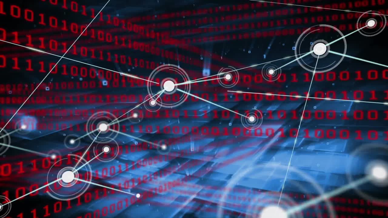 Premium Stock Video Animation Of Networks Of Connections With Digital Icons Over Binary Coding