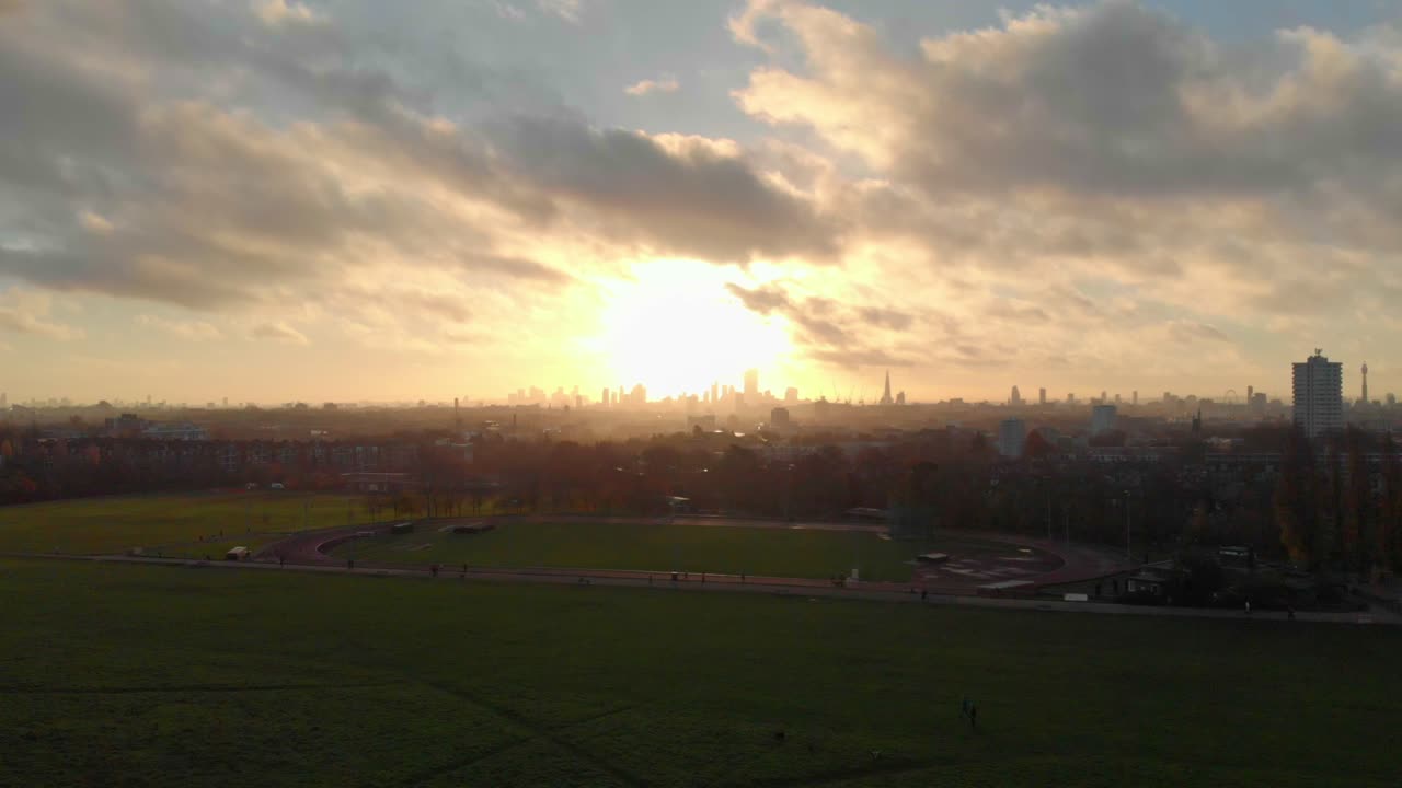 Dolly Forward Drone Hyperlapse Shot Of Beautiful Sunrise Over London ...