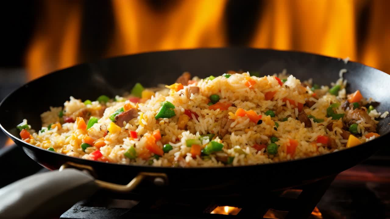 Close-up video shot of a sizzling stir-fry in a pan, vibrant vegetables ...