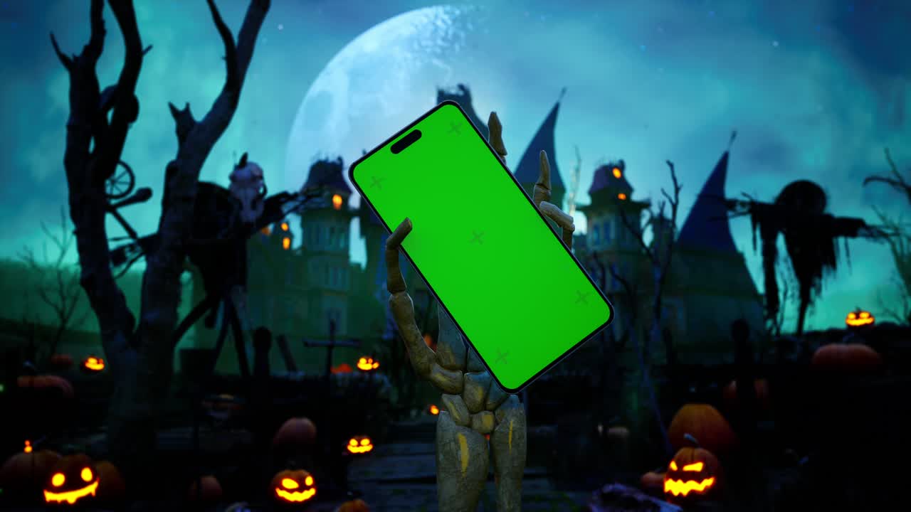 Skeleton Hand Rising Up Smartphone With Green Screen, Halloween Haunted ...