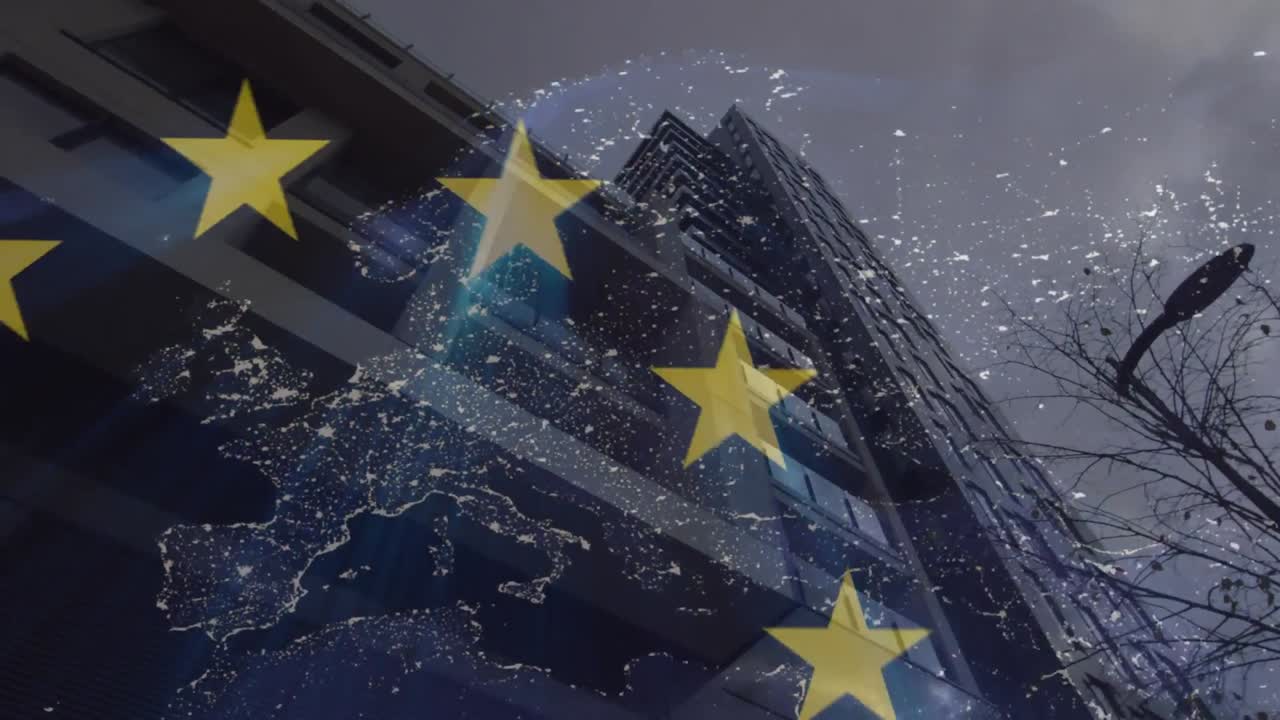 Animation Of Flag Of European Union Over Map Of Connections And High ...