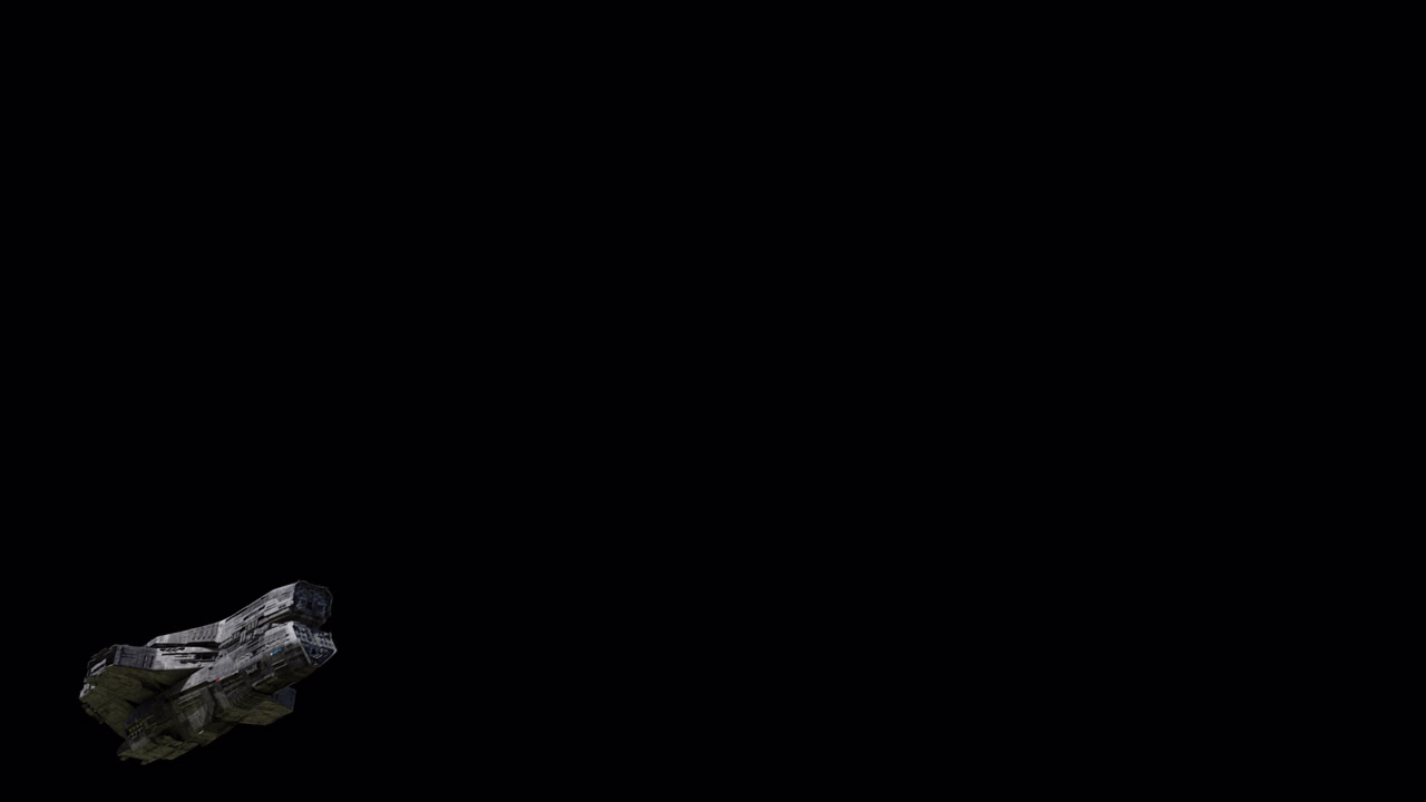 Giant spaceship flying straight, side - right view, black background ...